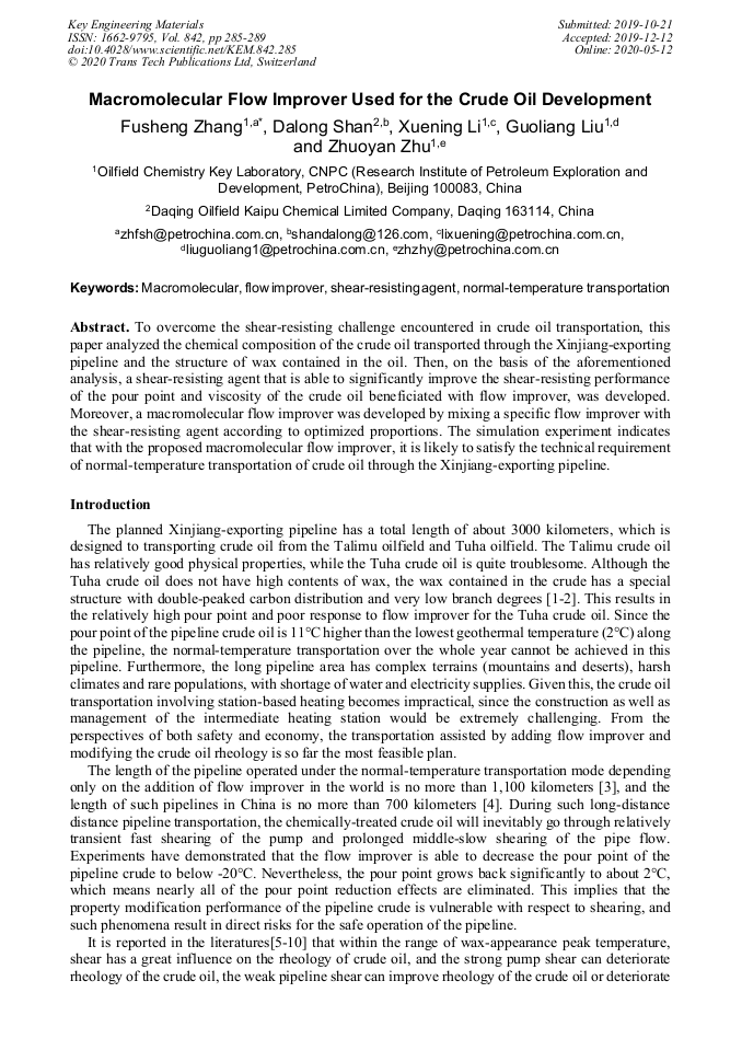 Macromolecular Flow Improver Used for the Crude Oil Development ...