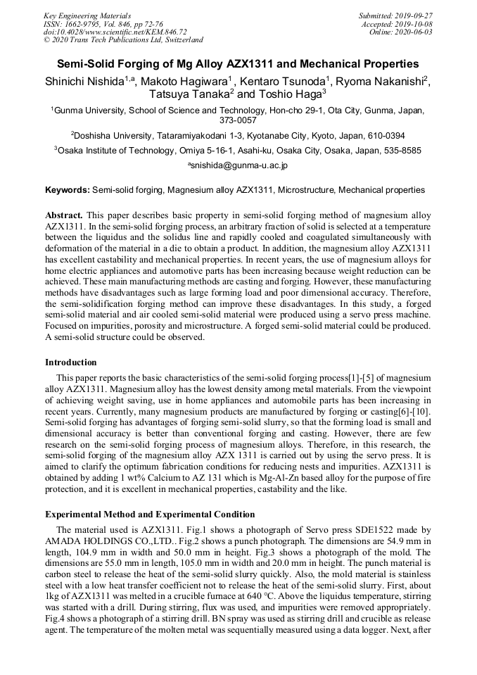 Semi-Solid Forging of Mg Alloy AZX1311 and Mechanical Properties ...