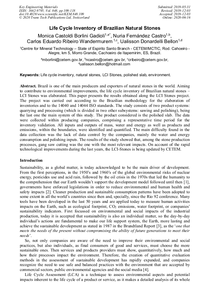 Life Cycle Inventory of Brazilian Natural Stones | Scientific.Net