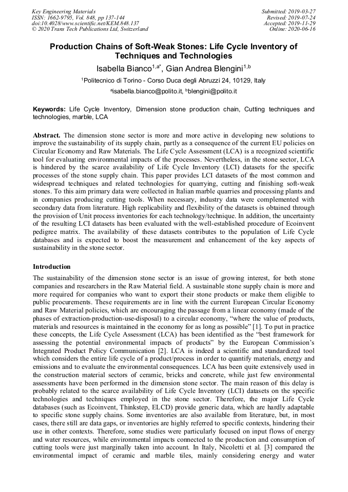Production Chains of Soft-Weak Stones: Life Cycle Inventory of ...