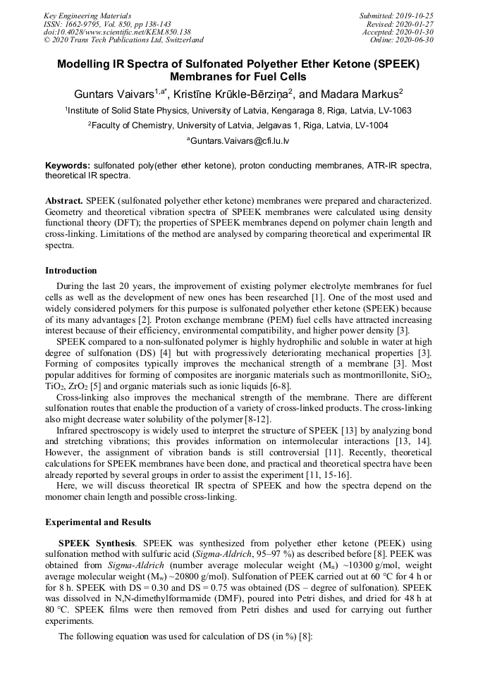 Modelling IR Spectra of Sulfonated Polyether Ether Ketone (SPEEK ...