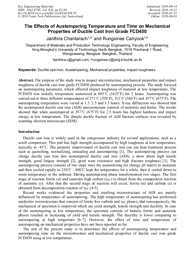 The Effects of Austempering Temperature and Time on Mechanical ...