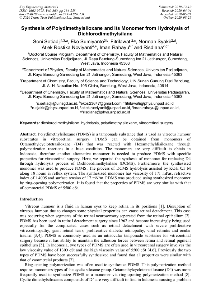 Synthesis of Polydimethylsiloxane and its Monomer from Hydrolysis of ...