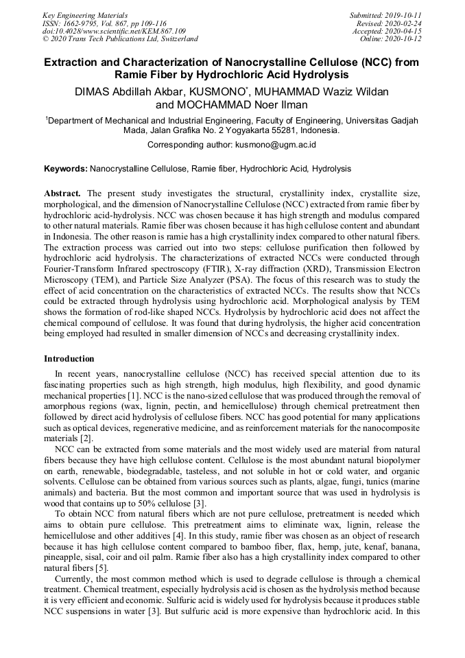 Extraction and Characterization of Nanocrystalline Cellulose (NCC) from ...