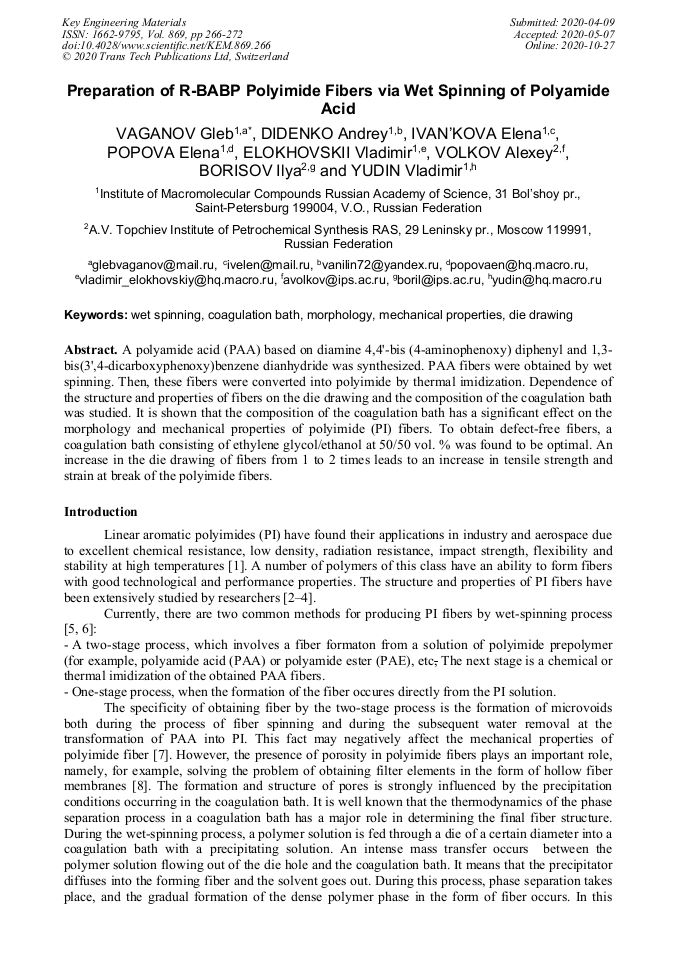 Preparation of R-BABP Polyimide Fibers via Wet Spinning of Polyamide ...