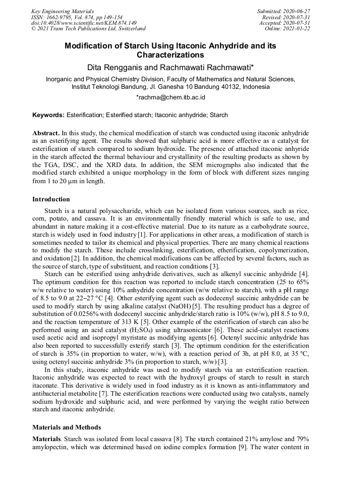 Modification of Starch Using Itaconic Anhydride and its ...