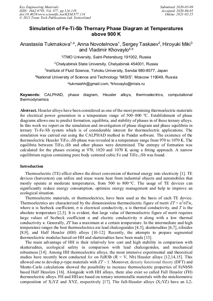 Simulation of Fe-Ti-Sb Thernary Phase Diagram at Temperatures above 900 ...