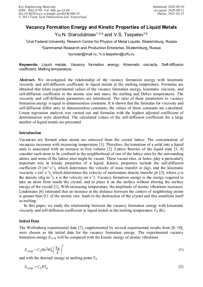 Vacancy Formation Energy and Kinetic Properties of Liquid Metals ...