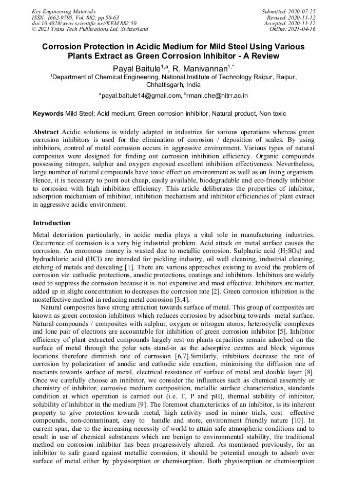 Corrosion Protection in Acidic Medium for Mild Steel Using Various ...