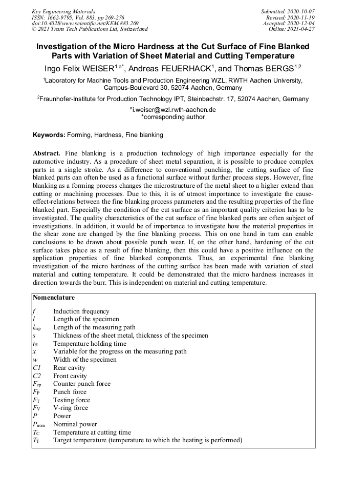 Investigation of the Micro Hardness at the Cut Surface of Fine Blanked ...