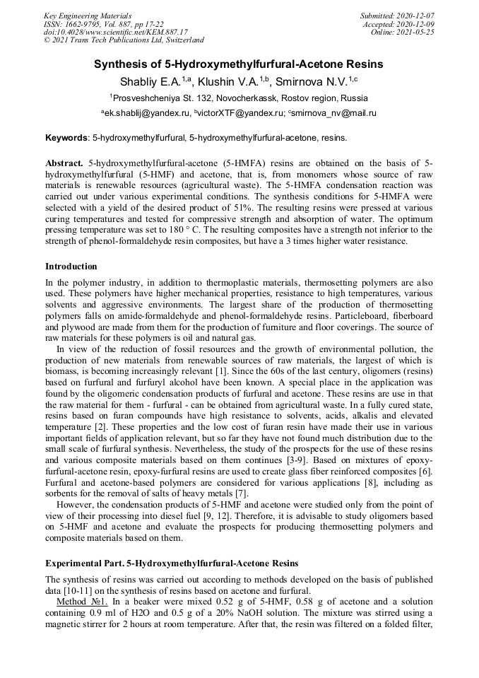 Synthesis of 5-Hydroxymethylfurfural-Acetone Resins | Scientific.Net
