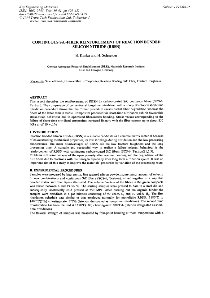Continuous SiC-Fiber Reinforcement of Reaction Bonded Silicon Nitride ...