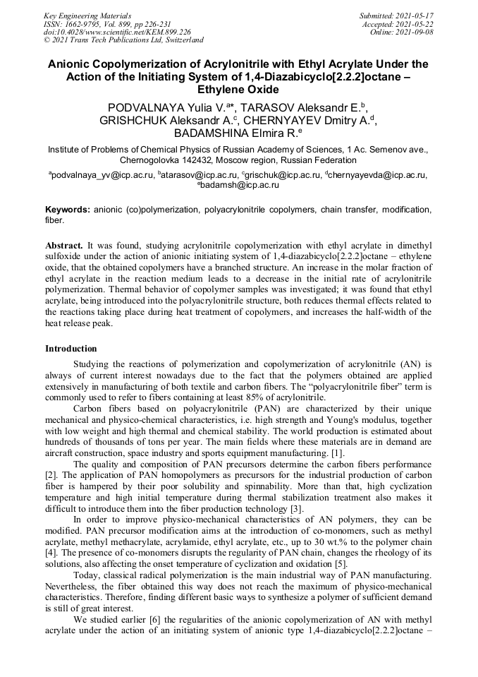 Anionic Copolymerization of Acrylonitrile with Ethyl Acrylate under the ...