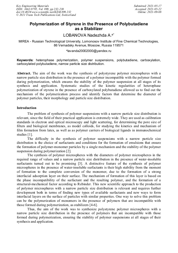 Polymerization of Styrene in the Presence of Polybutadiene as a ...