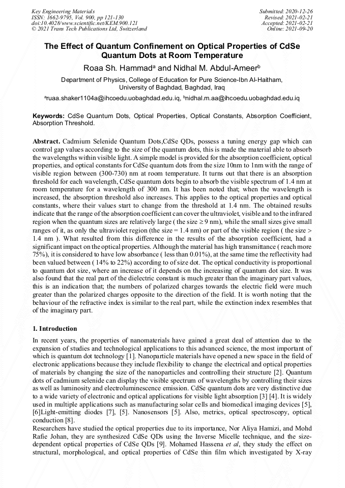 The Effect of Quantum Confinement on Optical Properties of CdSe Quantum ...