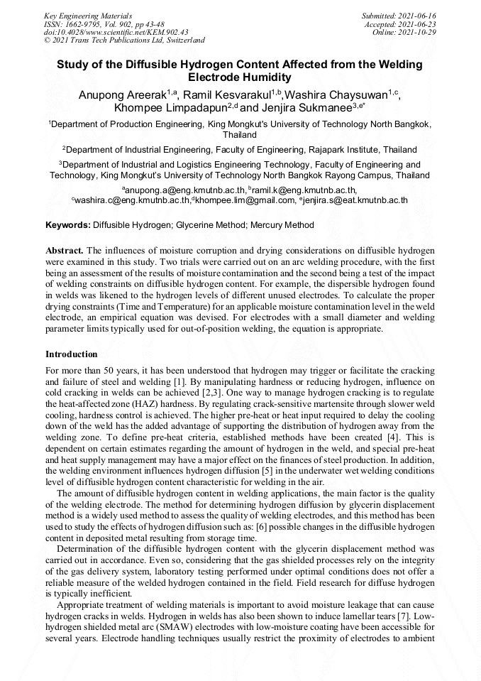 Study of the Diffusible Hydrogen Content Affected from the Welding ...