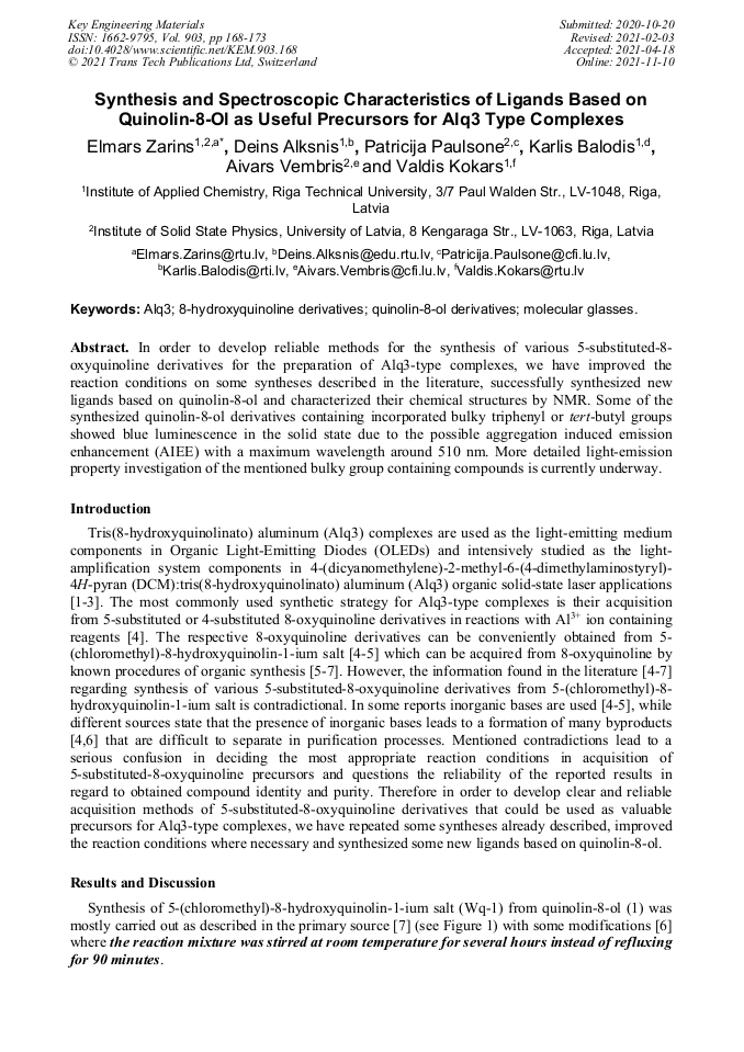Synthesis and Spectroscopic Characteristics of Ligands Based on ...