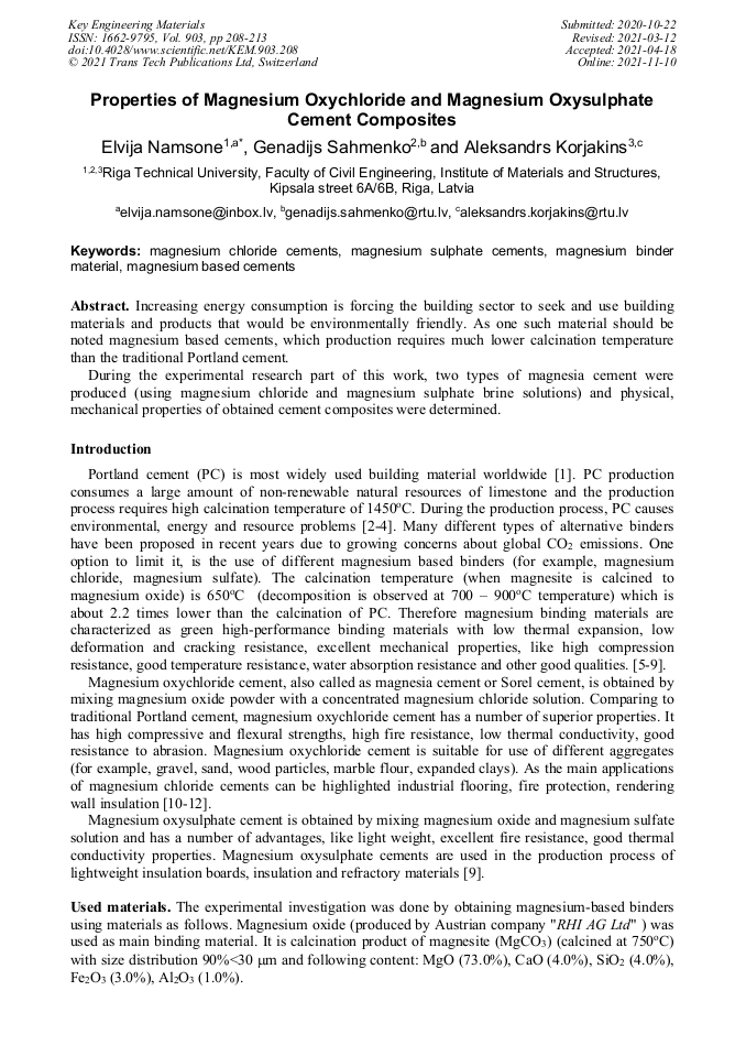 Properties of Magnesium Oxychloride and Magnesium Oxysulphate Cement ...