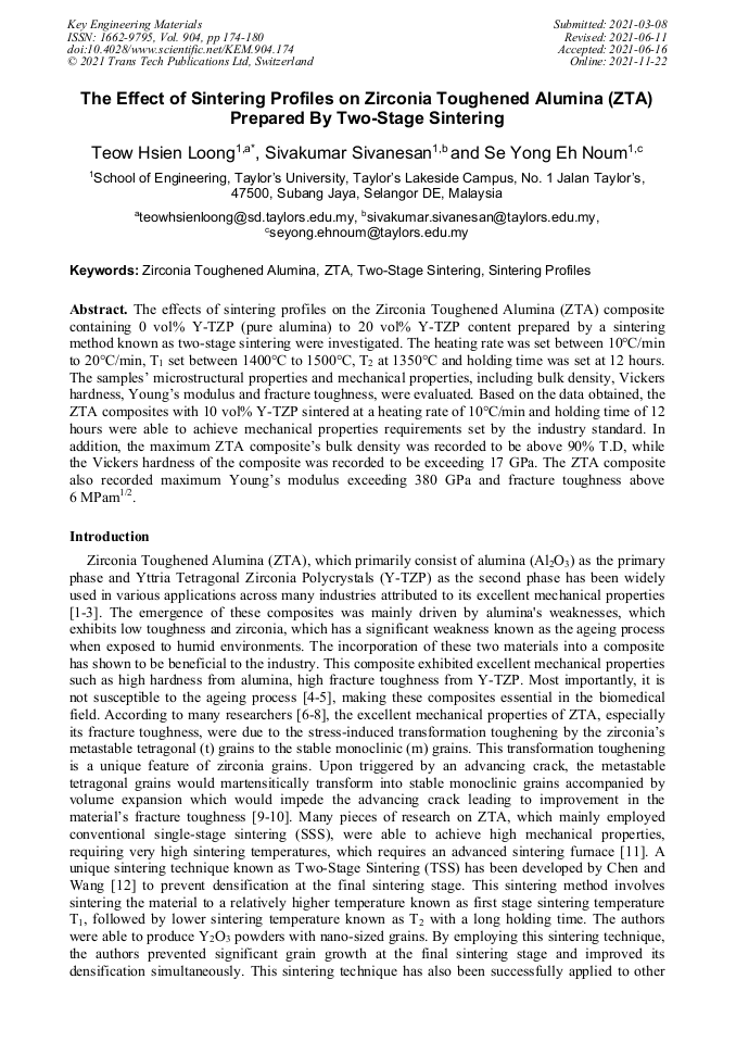 The Effect of Sintering Profiles on Zirconia Toughened Alumina (ZTA ...