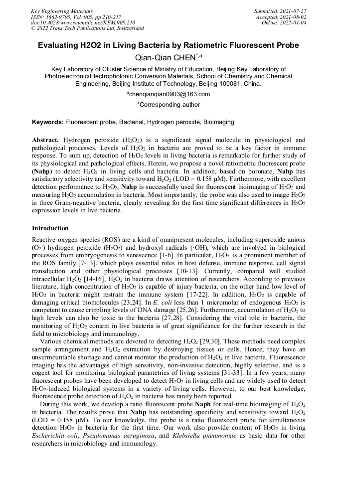 Evaluating H2O2 in Living Bacteria by Ratiometric Fluorescent Probe ...