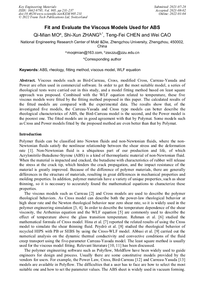 Fit and Evaluate the Viscous Models Used for ABS | Scientific.Net