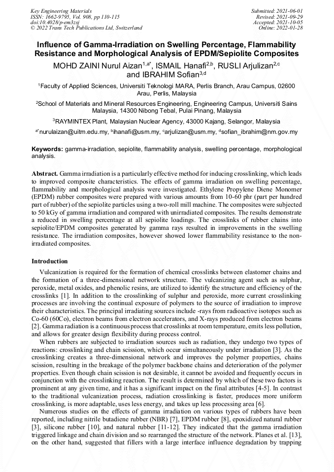 Influence of Gamma-Irradiation on Swelling Percentage, Flammability ...