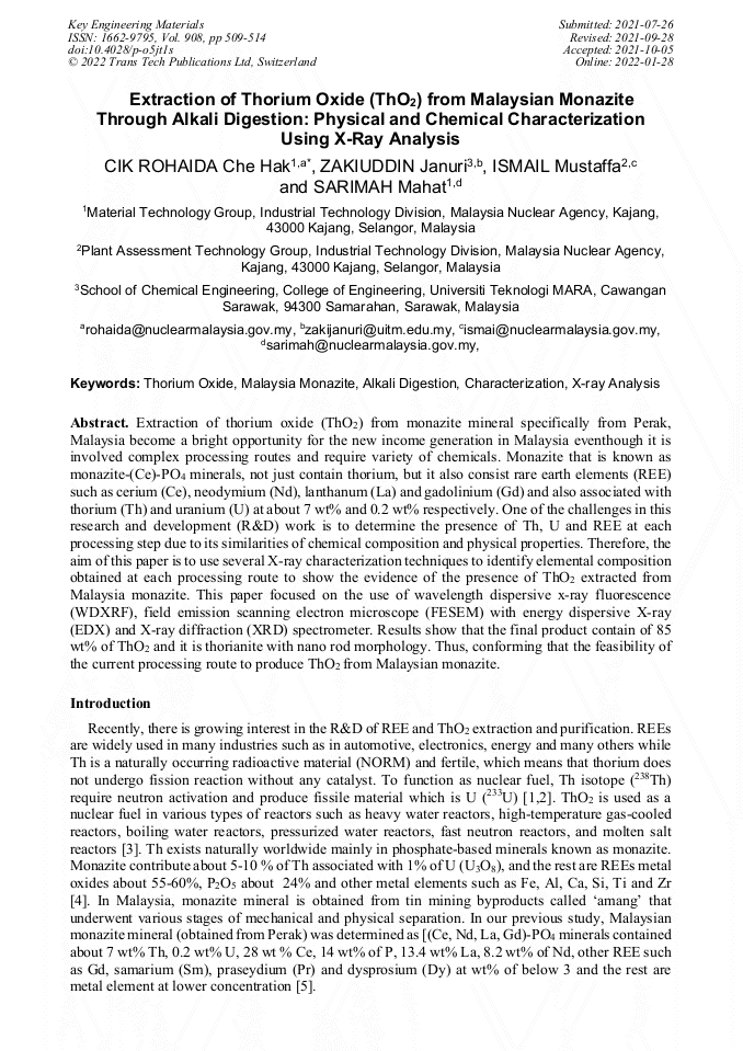 Extraction of Thorium Oxide (ThO2) from Malaysian Monazite through ...