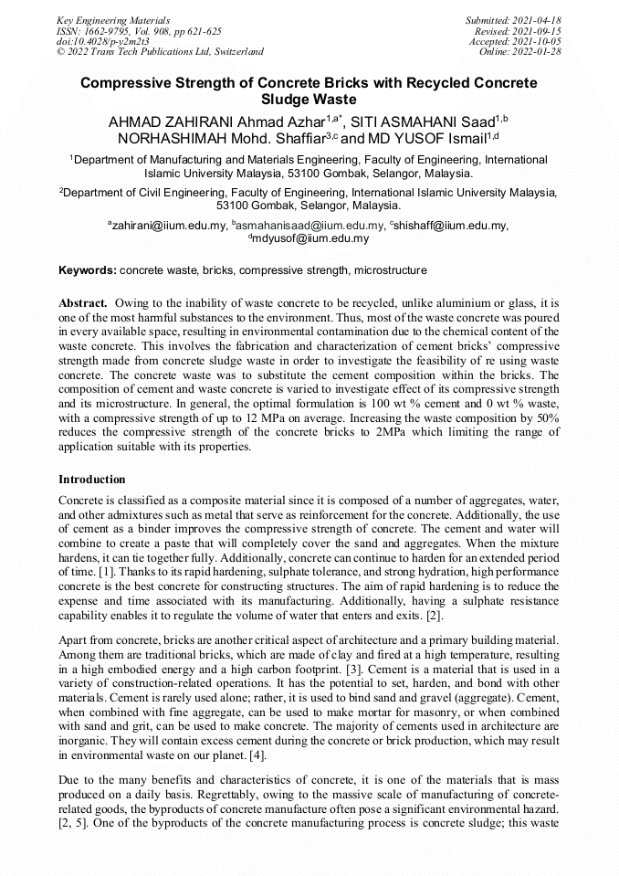 Compressive Strength of Concrete Bricks with Recycled Concrete Sludge ...