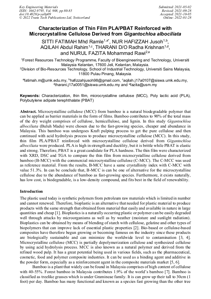 Characterization of Thin Film PLA/PBAT Reinforced with Microcrystalline ...