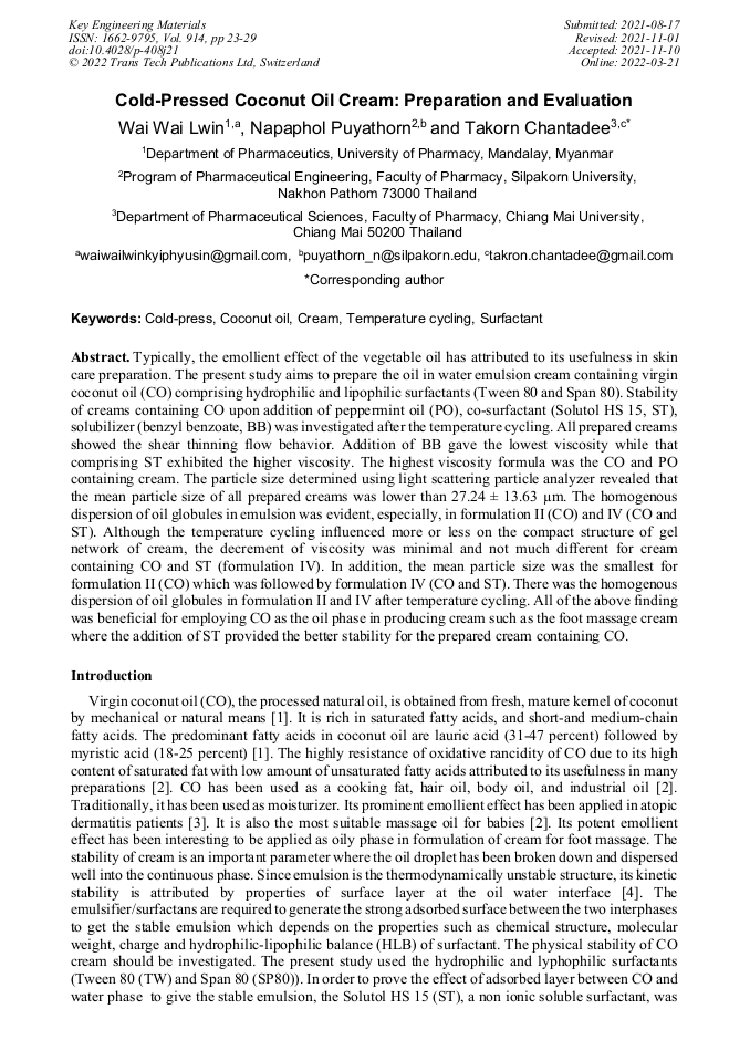 Cold-Pressed Coconut Oil Cream: Preparation and Evaluation | Scientific.Net