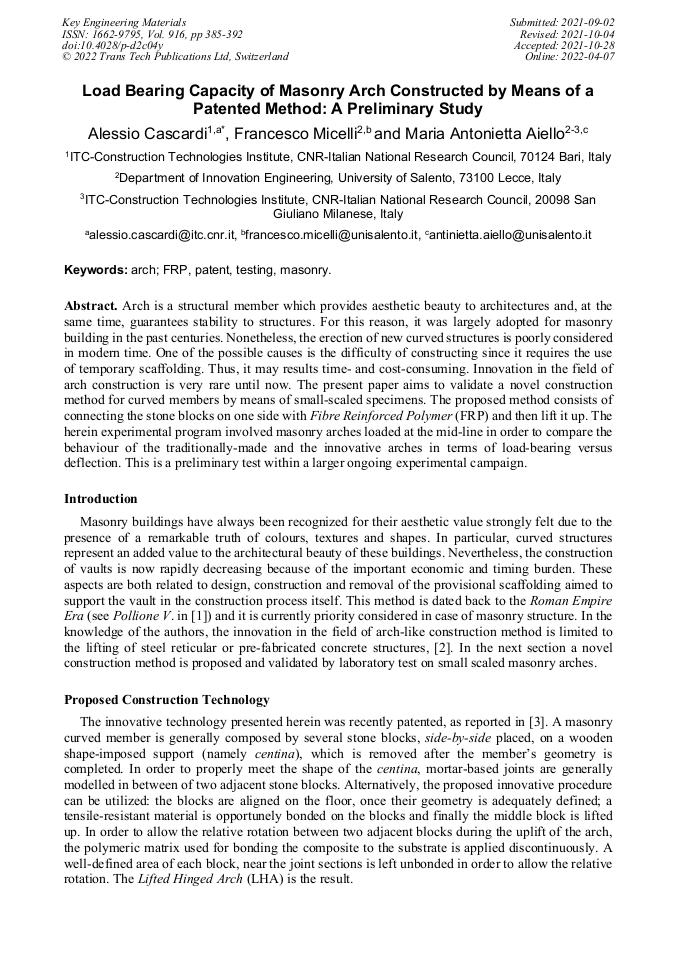 Load Bearing Capacity of Masonry Arch Constructed by Means of a ...