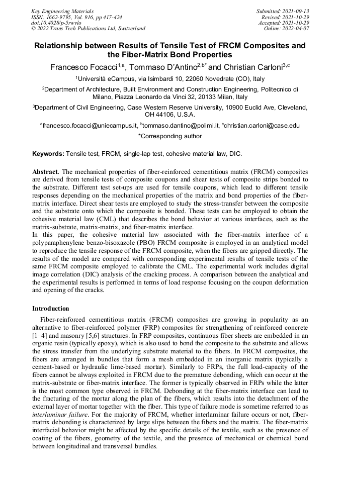 Relationship between Results of Tensile Test of FRCM Composites and the ...