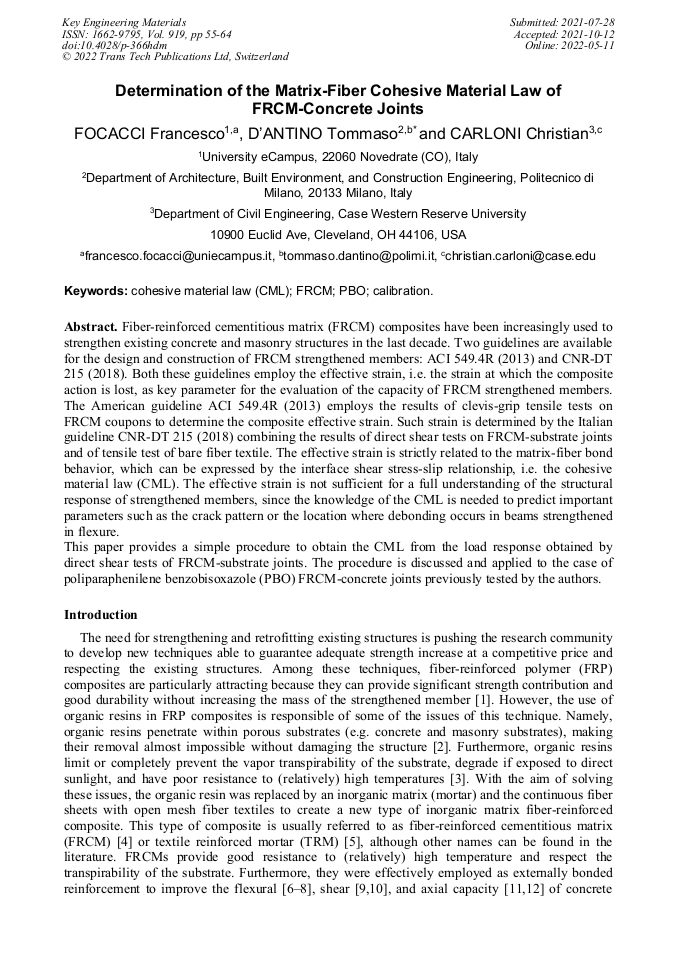 Determination of the Matrix-Fiber Cohesive Material Law of FRCM ...