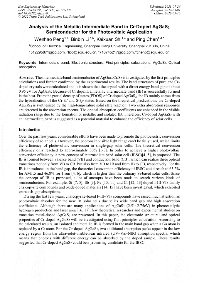 Analysis of the Metallic Intermediate Band in Cr-doped AgGaS2 ...