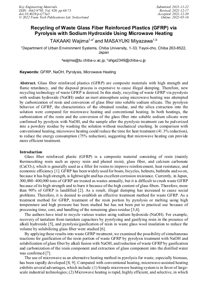 Recycling of Waste Glass Fiber Reinforced Plastics (GFRP) via Pyrolysis ...