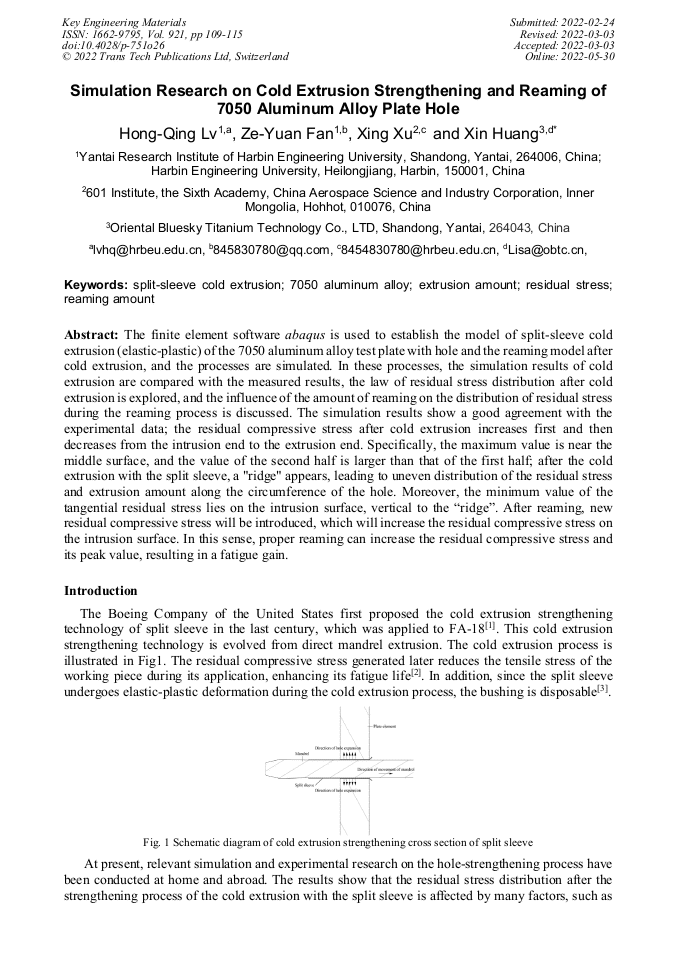 Simulation Research on Cold Extrusion Strengthening and Reaming of 7050 ...