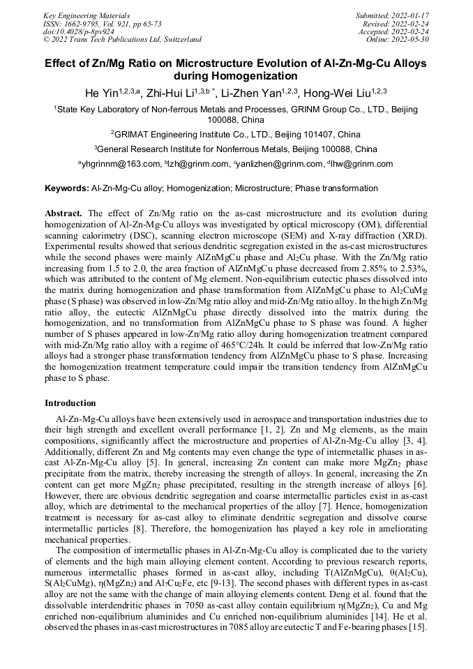 Effect of Zn/Mg Ratio on Microstructure Evolution of Al-Zn-Mg-Cu Alloys during Homogenization ...