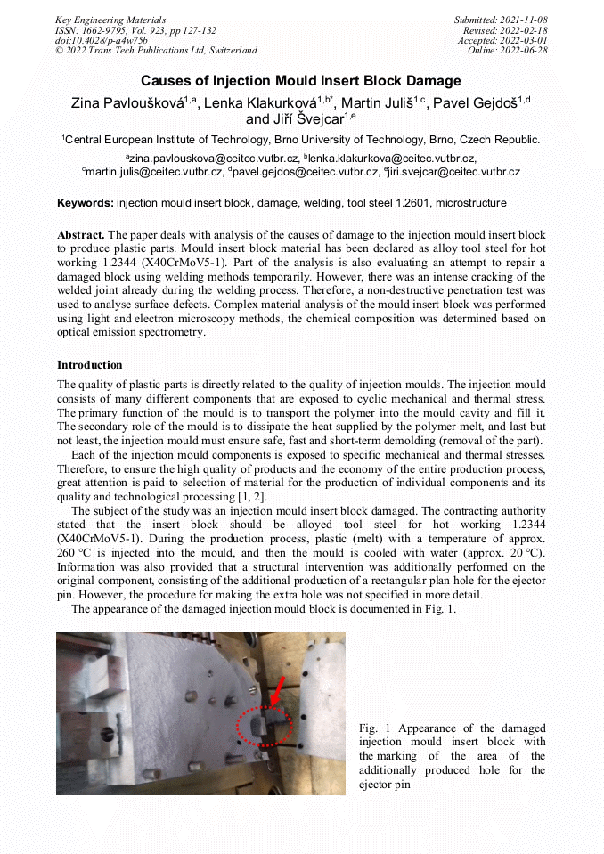 Causes of Injection Mould Insert Block Damage | Scientific.Net