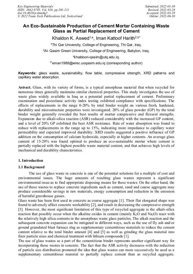 An Eco-Sustainable Production of Cement Mortar Containing Waste Glass ...