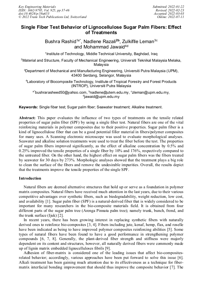 Single Fiber Test Behavior of Lignocellulose Sugar Palm Fibers: Effect ...
