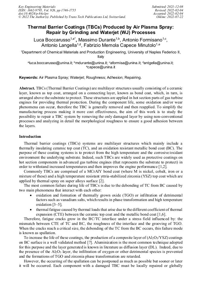 Thermal Barrier Coatings (TBCs) Produced by Air Plasma Spray: Repair by ...