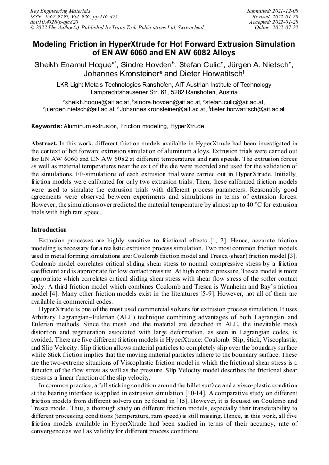 Modeling Friction in HyperXtrude for Hot Forward Extrusion Simulation of EN AW 6060 and EN AW ...