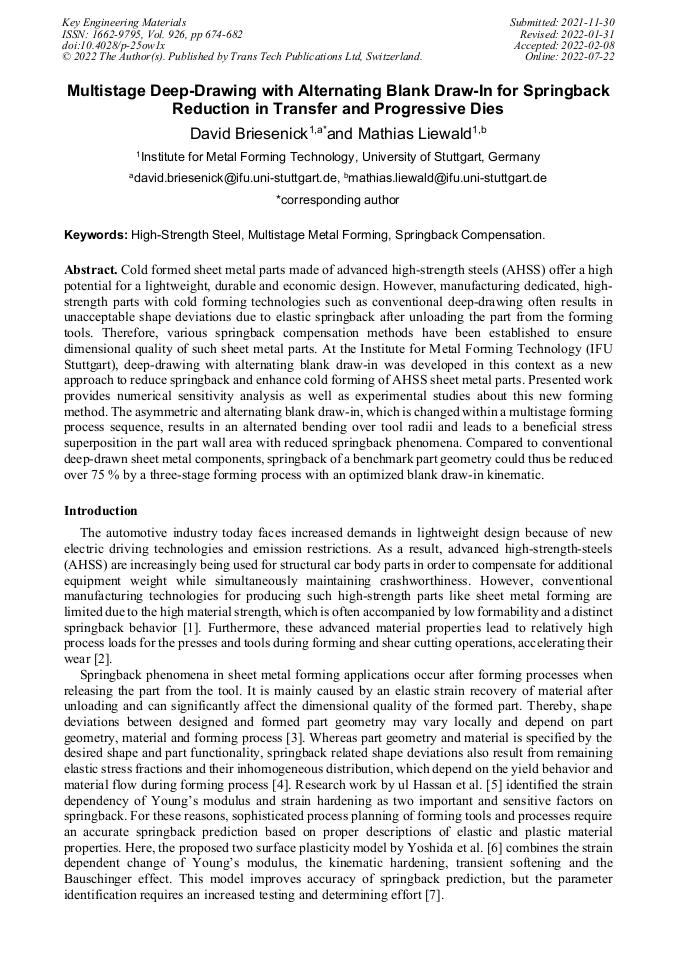 Multistage Deep-Drawing with Alternating Blank Draw-in for Springback ...