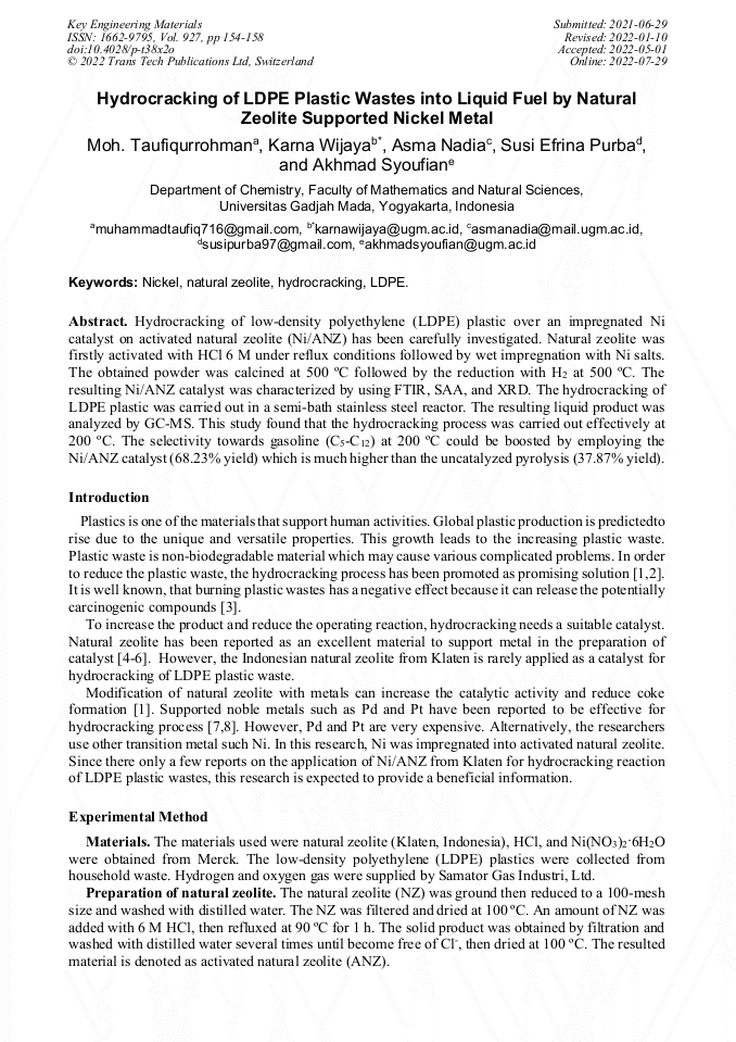 Hydrocracking of LDPE Plastic Wastes into Liquid Fuel by Natural ...