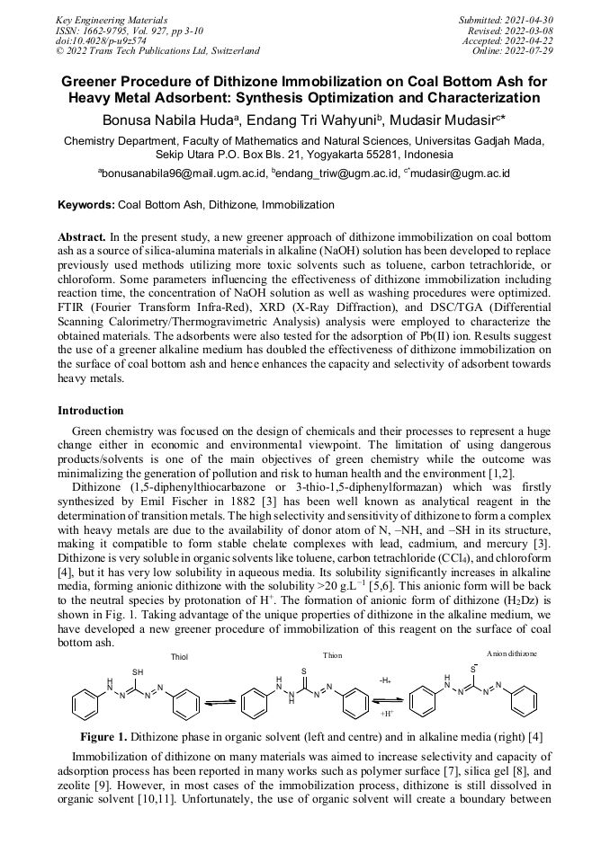 Greener Procedure of Dithizone Immobilization on Coal Bottom Ash for ...
