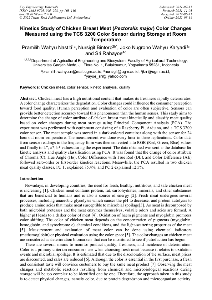 Kinetics Study of Chicken Breast Meat (Pectoralis major) Color Changes ...