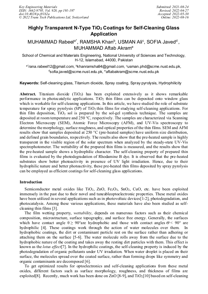 Highly Transparent N-Type TiO2 Coatings for Self-Cleaning Glass ...
