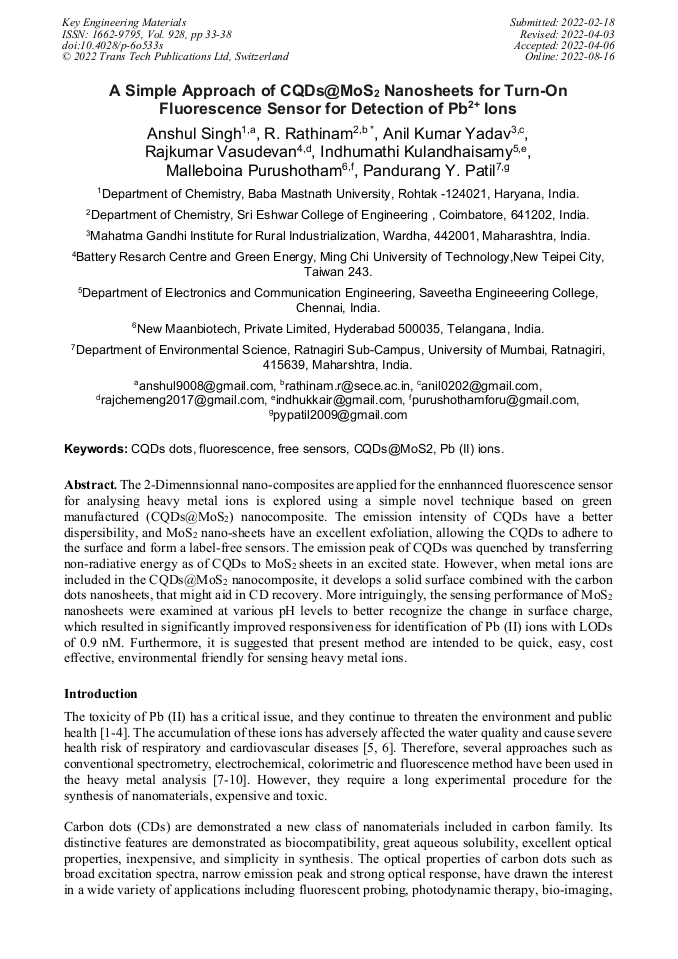 A Simple Approach of CQDs@MoS2 Nanosheets for Turn-On Fluorescence ...