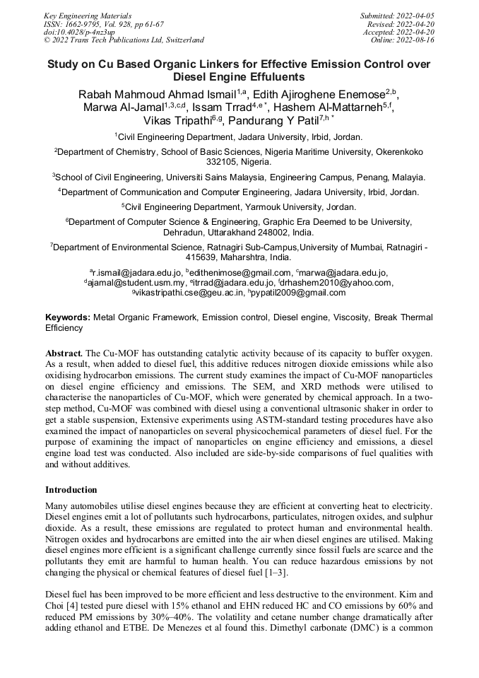 Study on Cu Based Organic Linkers for Effective Emission Control over Diesel Engine Effuluents ...
