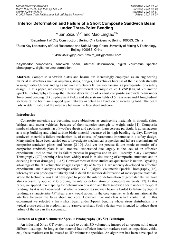 Interior Deformation and Failure of a Short Composite Sandwich Beam under Three-Point Bending ...